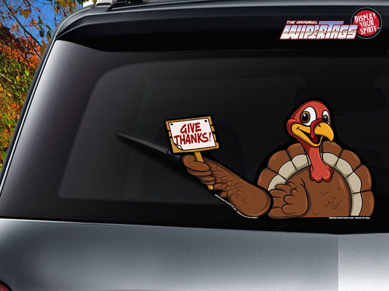 Turkey Waving Give Thanks Sign WiperTags attach to rear vehicle wiper ...